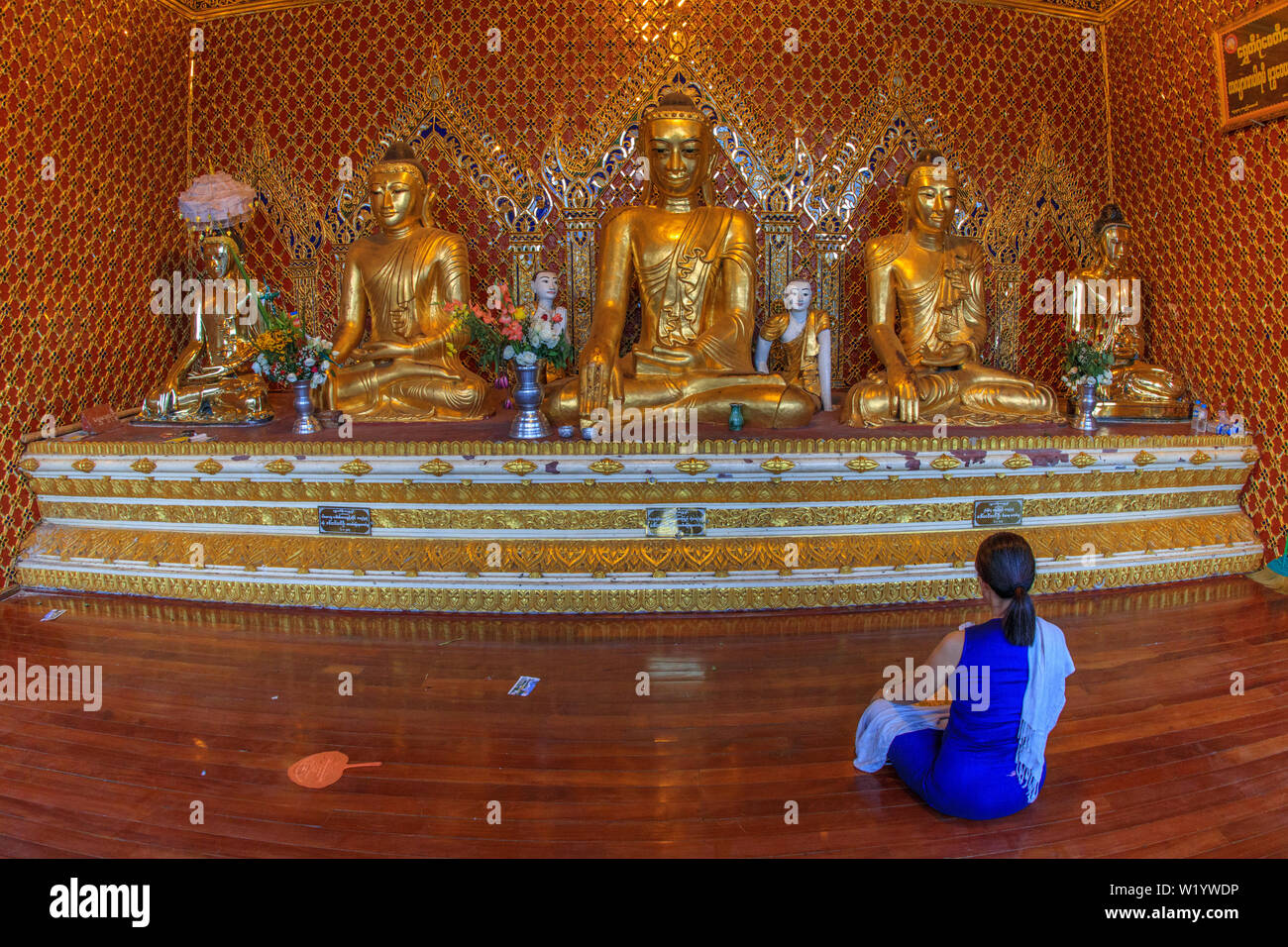 Woman praying inside the Shwedagon pagoda Stock Photo - Alamy