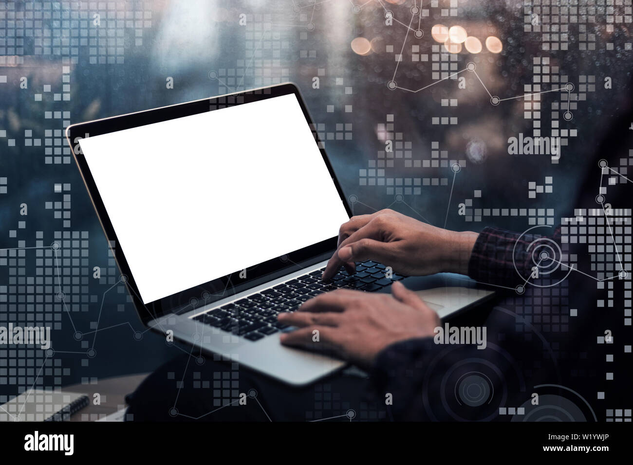 Male hand using laptop and chart interface.Business technology concept ...