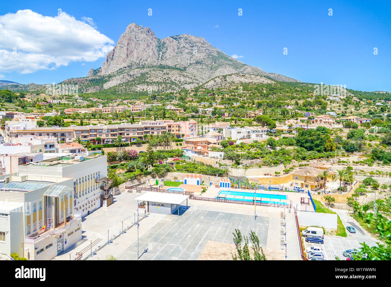 Finestrat, Spain - 12 June 2019: Puig Campana Mountain and village ...