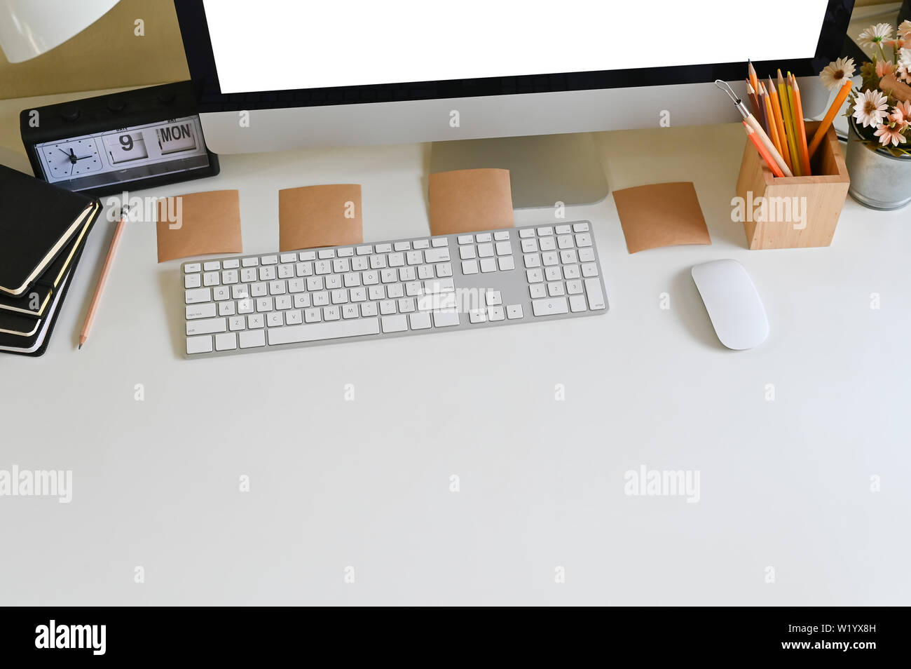 Working creative workspace with computer and office supply, Top view ...