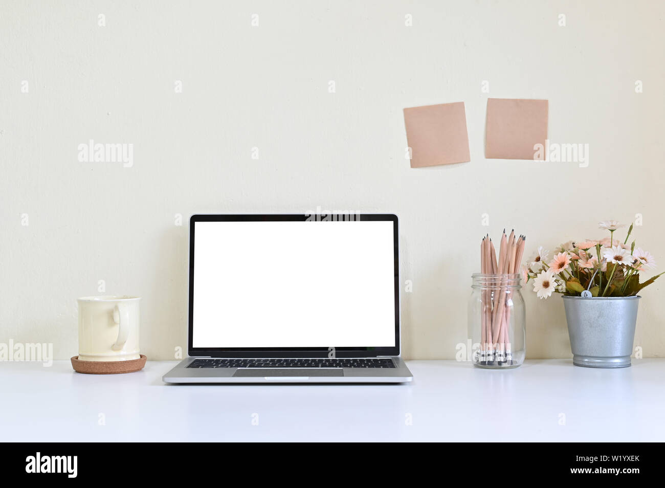 Workspace laptop computer and office supply on office desk, empty screen display Stock Photo - Alamy