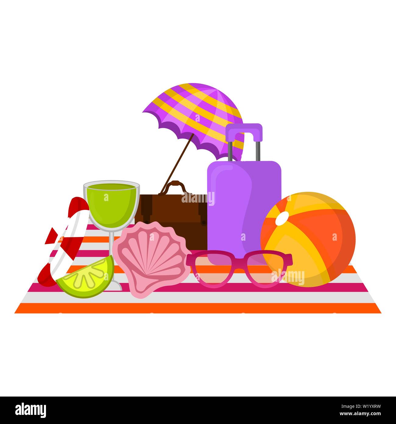 Set of summer objects. Beach ball, shells, travel bags, umbrella ...