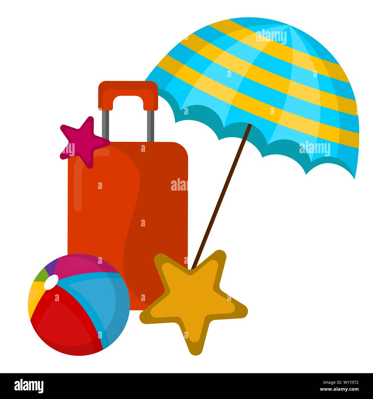 Set of summer objects. Beach ball, starfishes, travel bag and umbrella ...