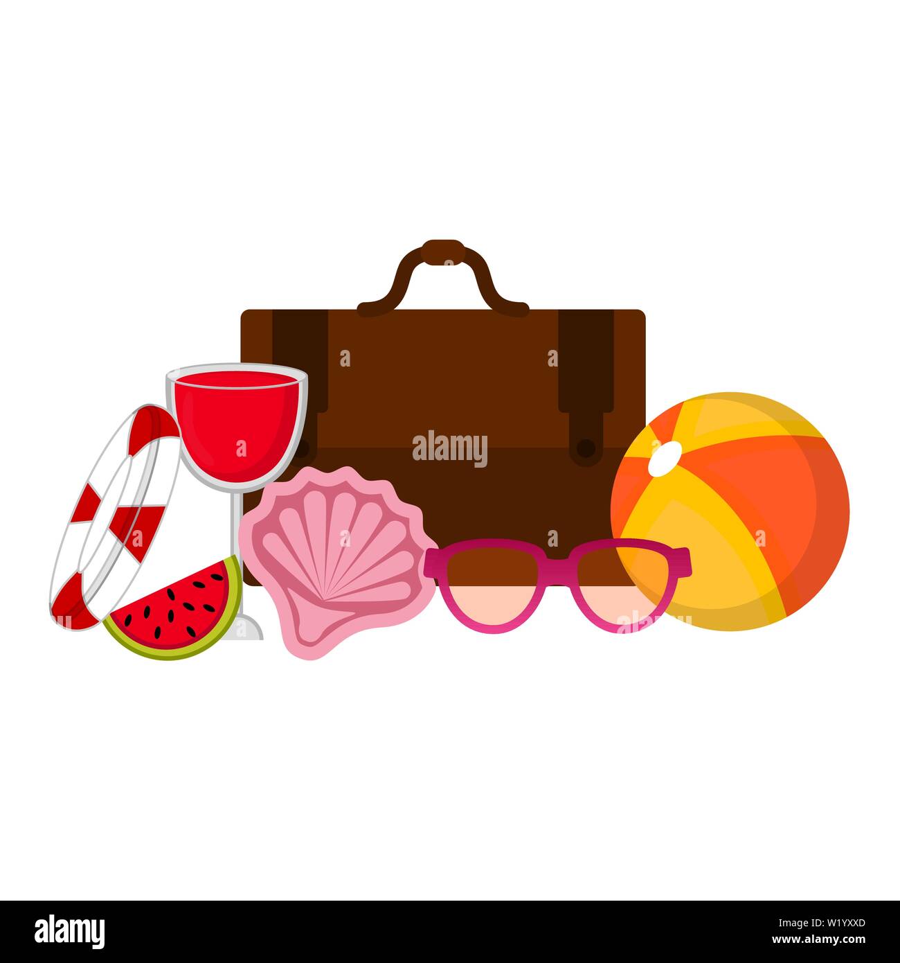Set of summer objects. Beach ball, shell, travel bag, sunglasses and ...