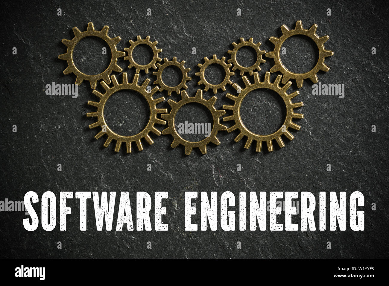 cogwheels and the words "software engineering" on slate background ...