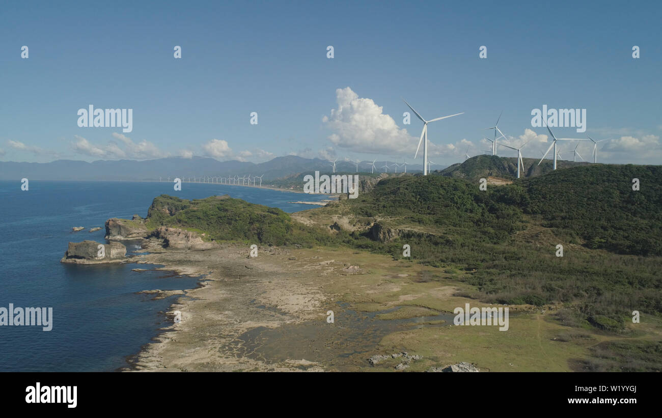 Aerial view of Windmills for electric power production on the coast ...