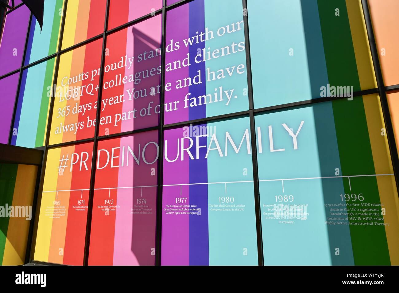 Coutts Bank. The Strand, Shops and businesses display rainbow colours ...