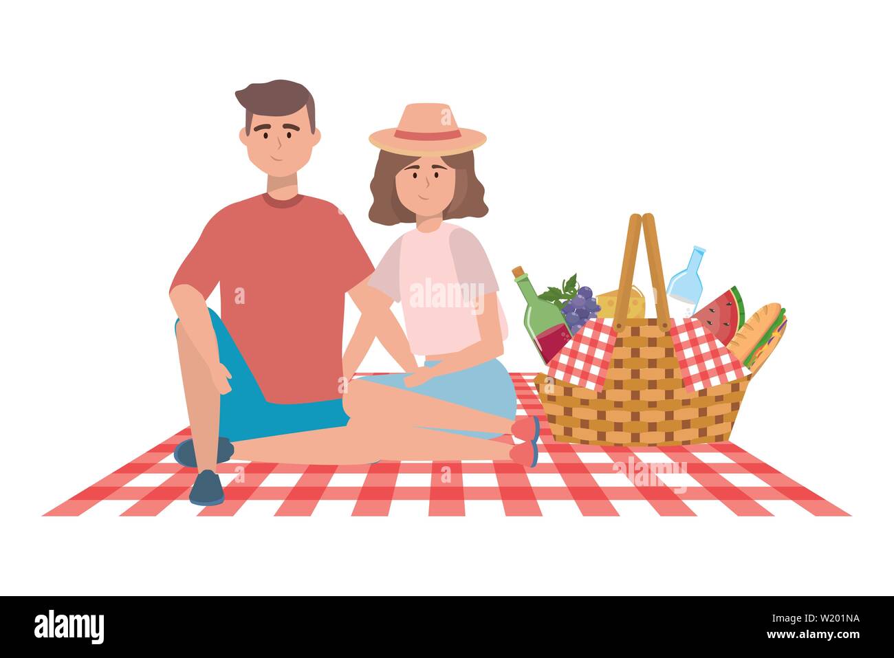 Woman and man cartoon having picnic design, Food summer outdoor leisure ...
