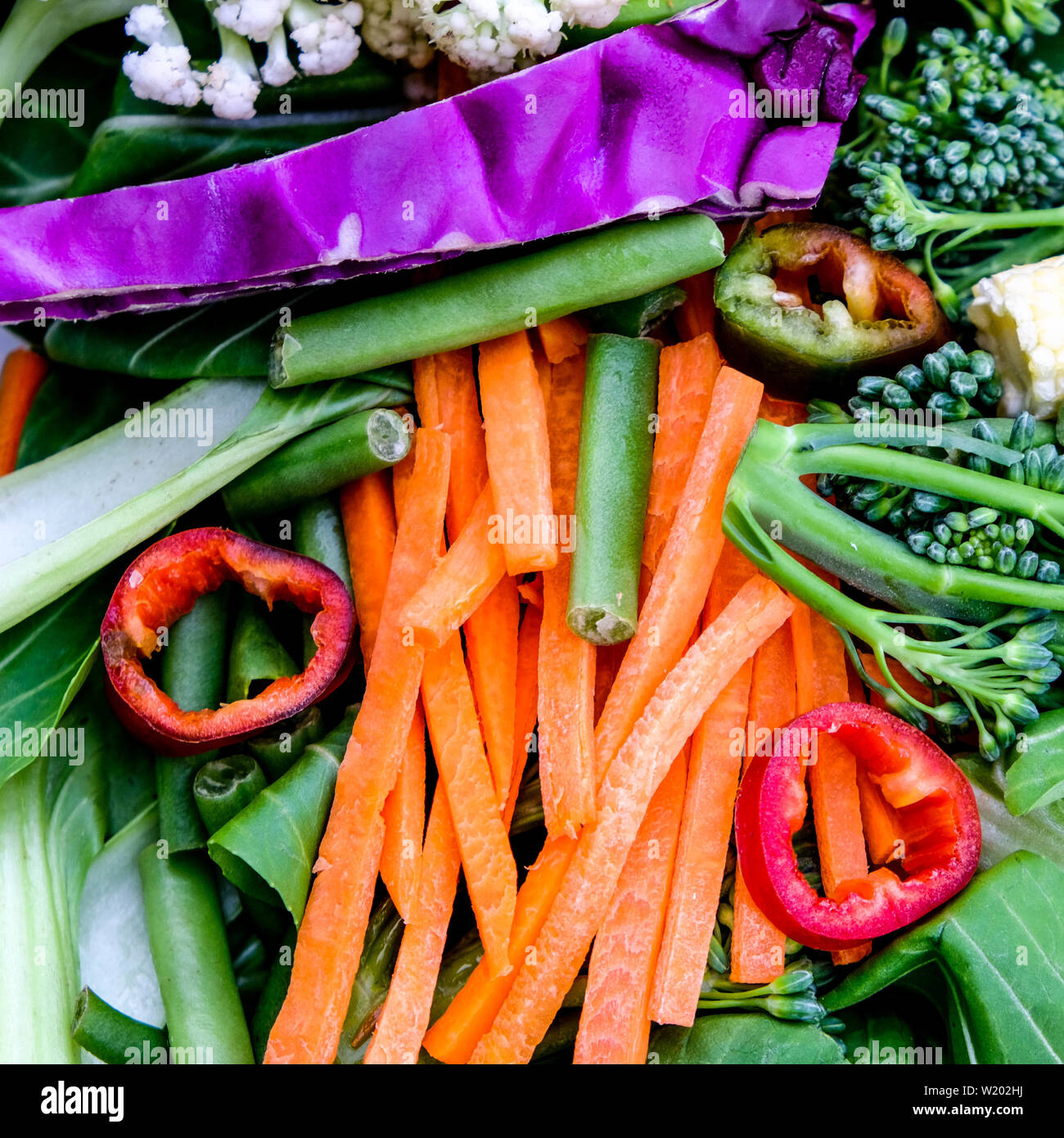 Selection of Healthy Raw Vegetables including carrots pak choi broccoli ...