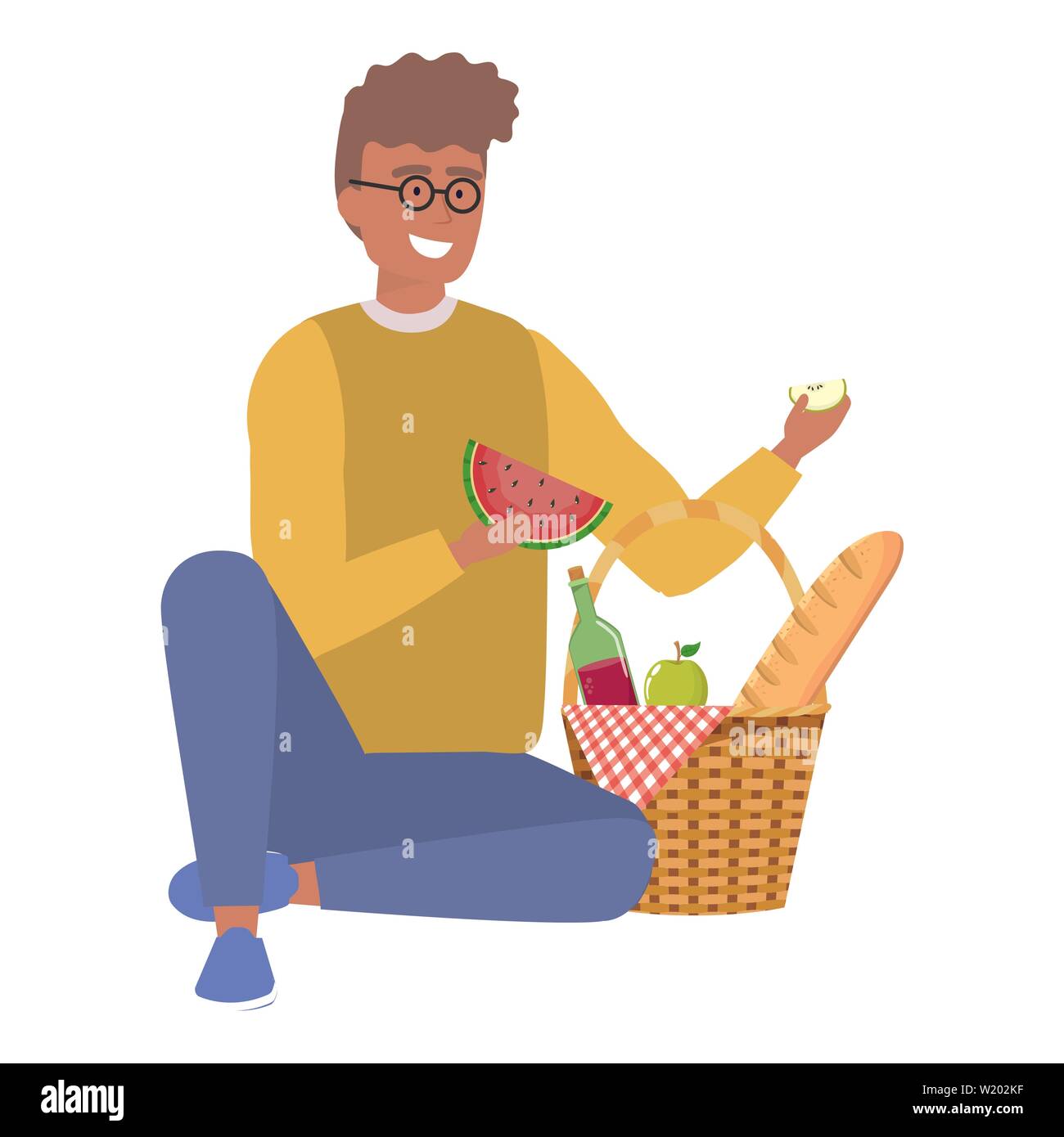 Man cartoon having picnic design, Food summer outdoor leisure healthy ...