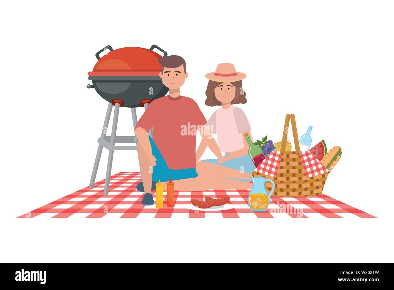Woman and man cartoon having picnic design, Food summer outdoor leisure ...