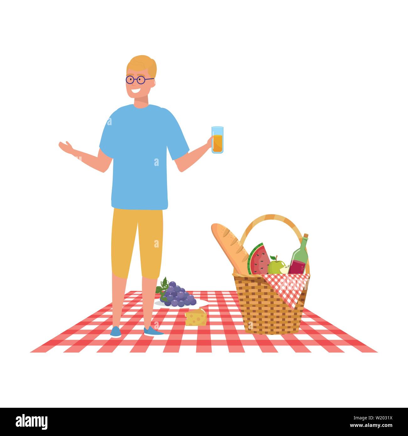 Man cartoon having picnic design, Food summer outdoor leisure healthy ...