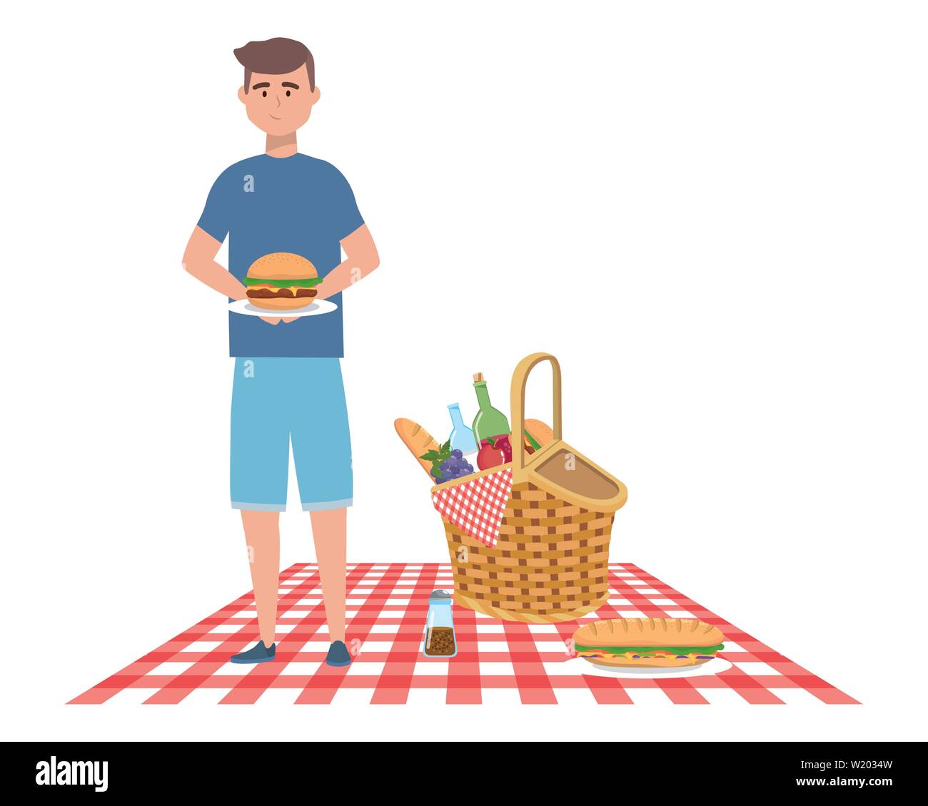 Man cartoon having picnic design, Food summer outdoor leisure healthy ...
