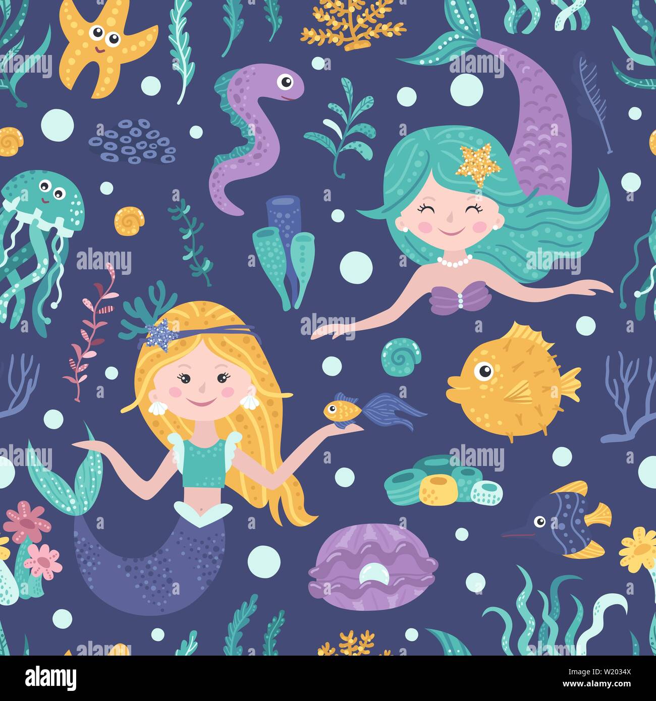 Seamless pattern with cute mermaids, seaweed and fishes Stock Vector ...