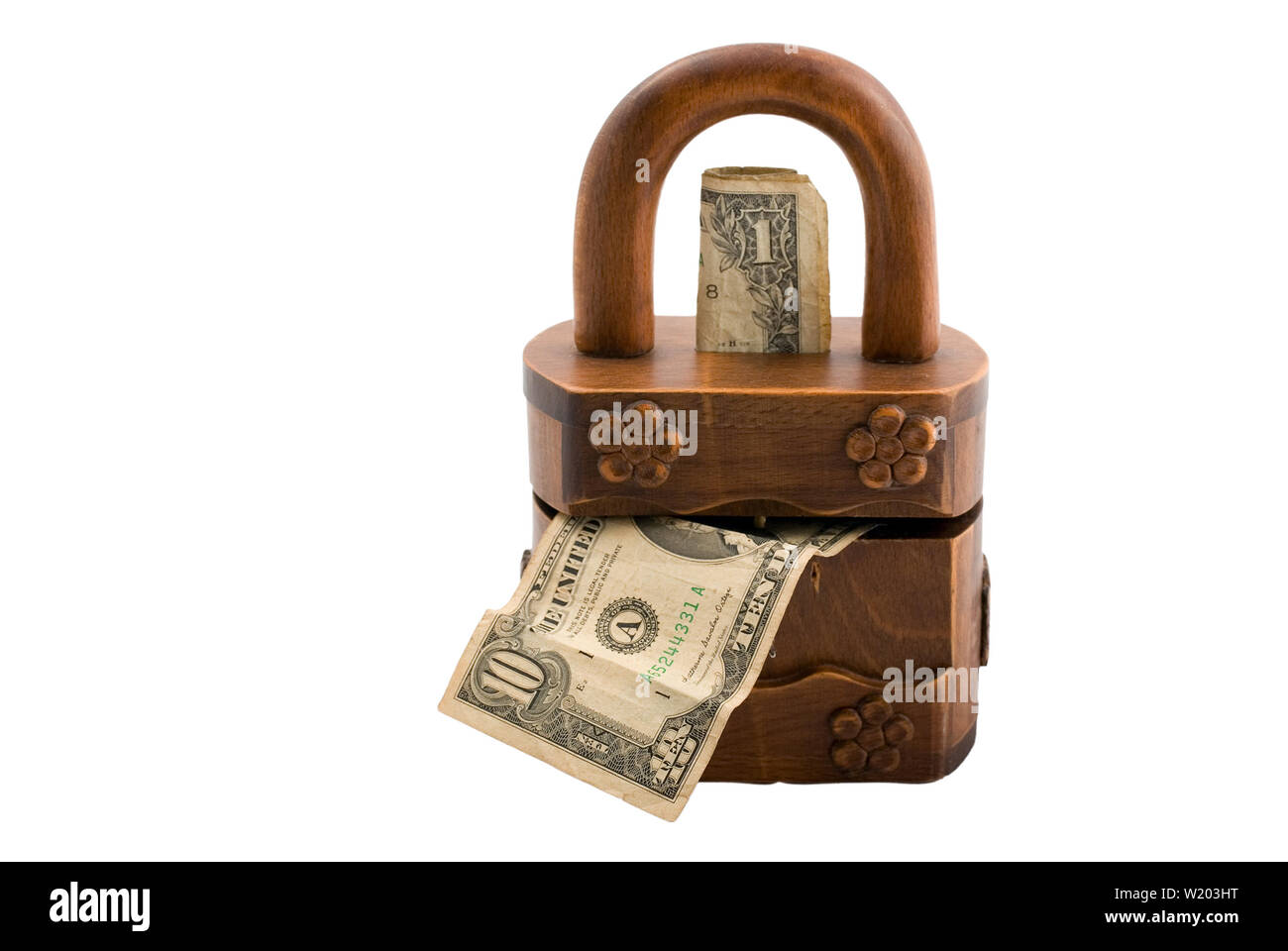 wooden padlock money box isolated on white showing one dollar in 10 ...