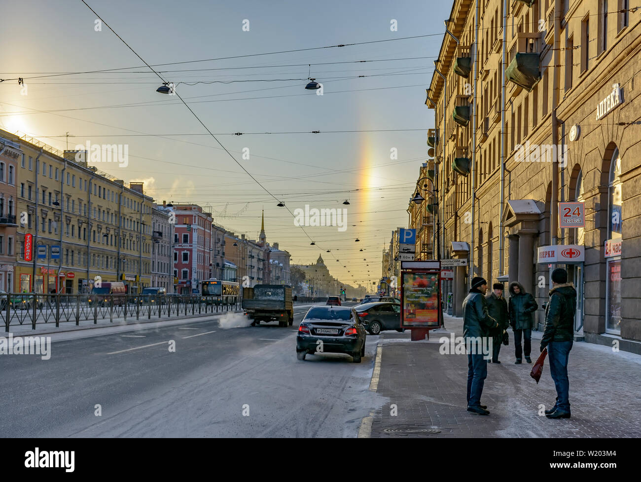 Natural phenomenon halo, visible on the streets on a frosty day January ...