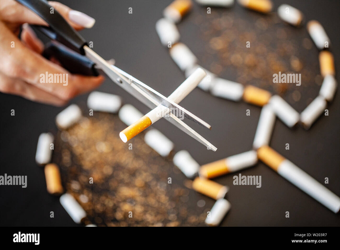 Stop smoking concept on background with broken cigarettes. Heap of ...