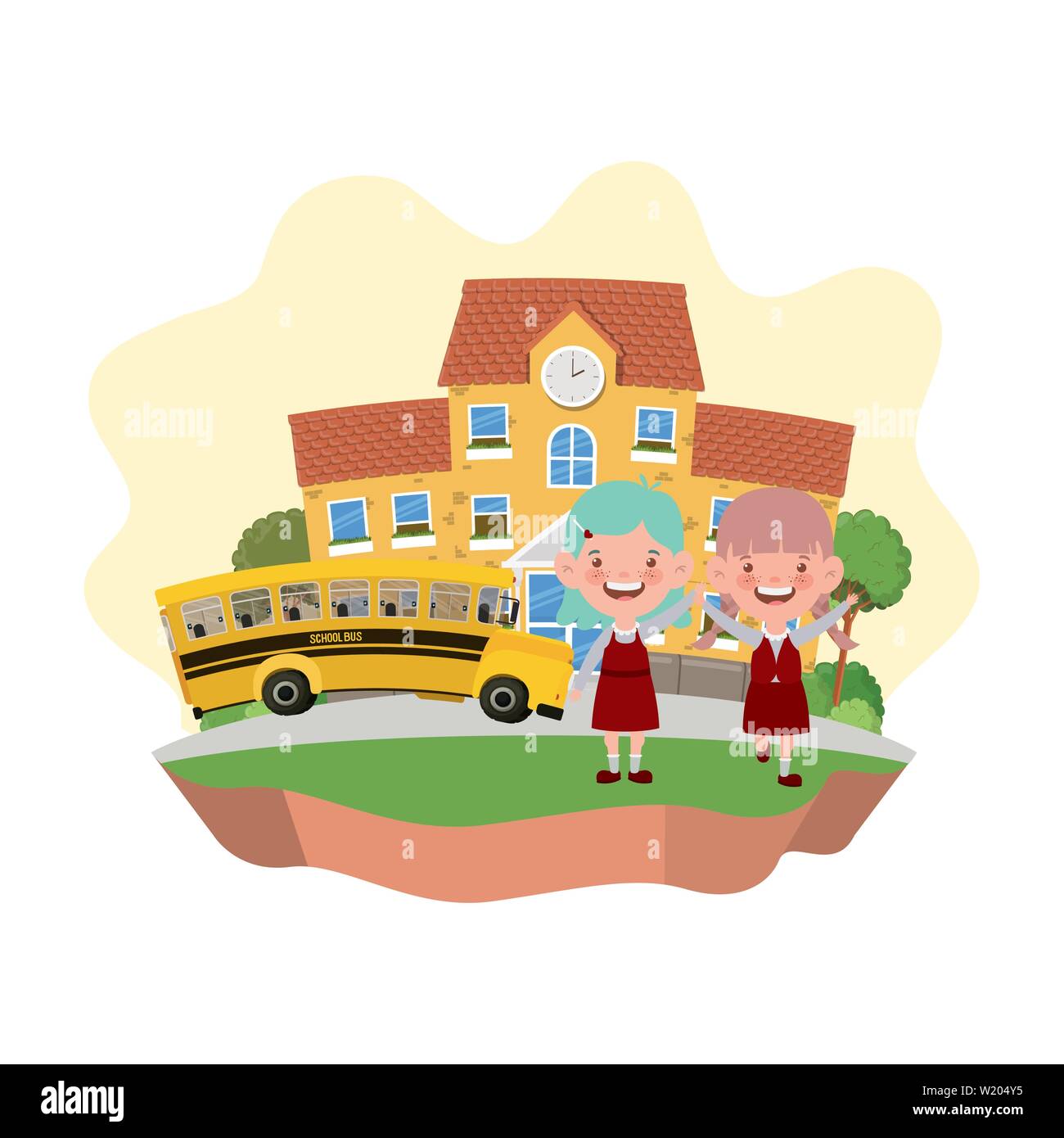 students girls with school building and bus Stock Vector Image & Art ...