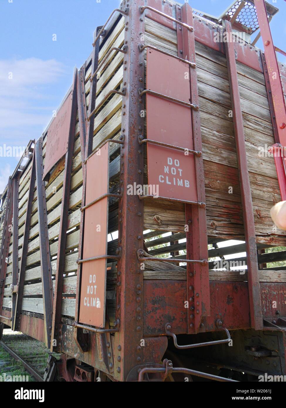 Old trailer train with warning signs not to climb put on display at the ...