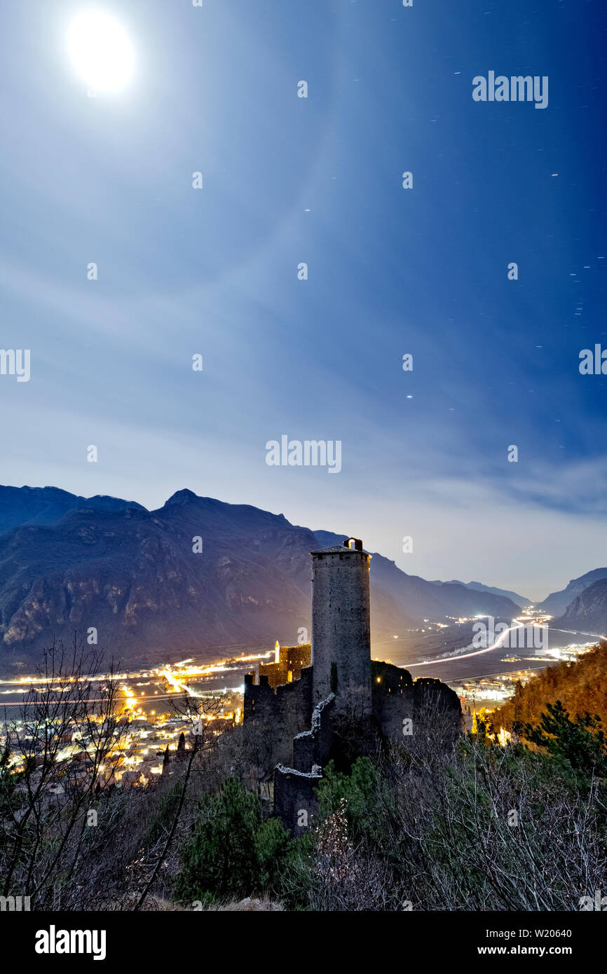 The medieval castle of Avio commanding the Adige Valley. Trento ...
