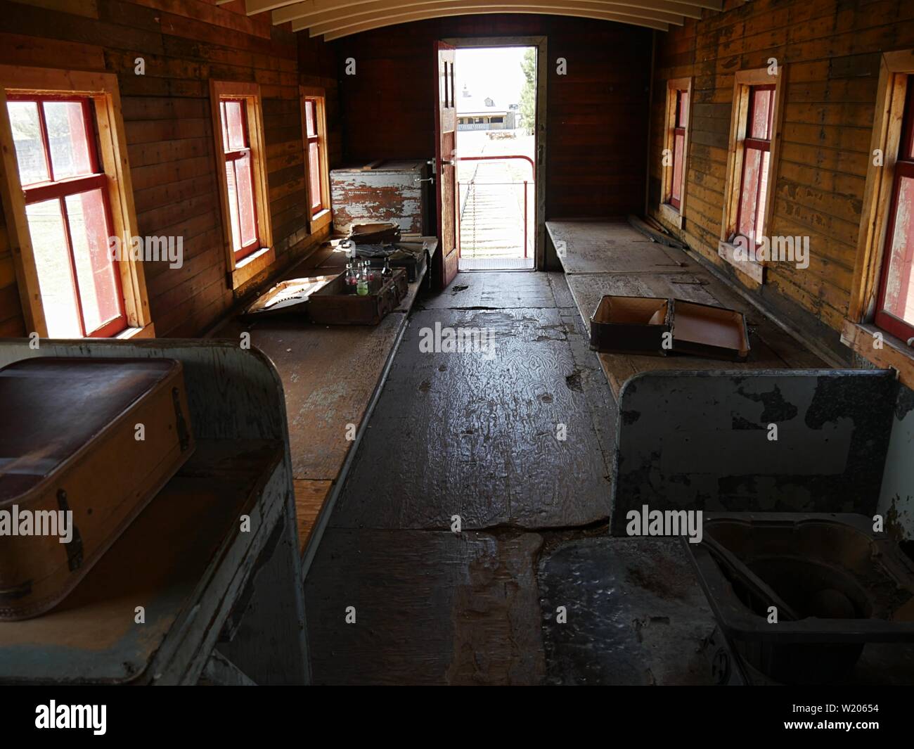 Wide view inside an old railway train displayed at an 1880s town in ...