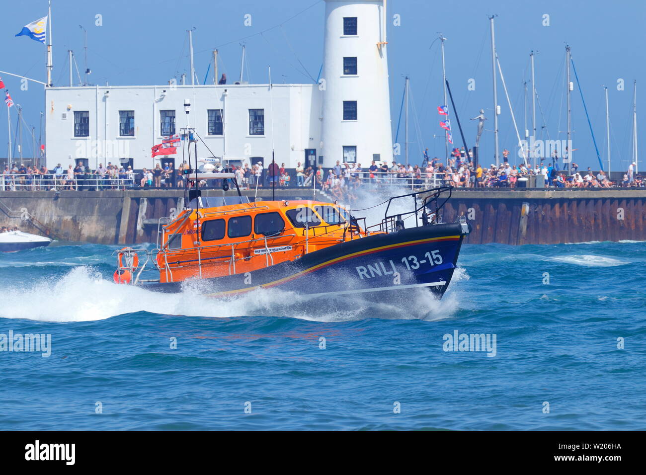 RNLI Scarborough Lifeboat crew demonstrating the Shannon Class all ...
