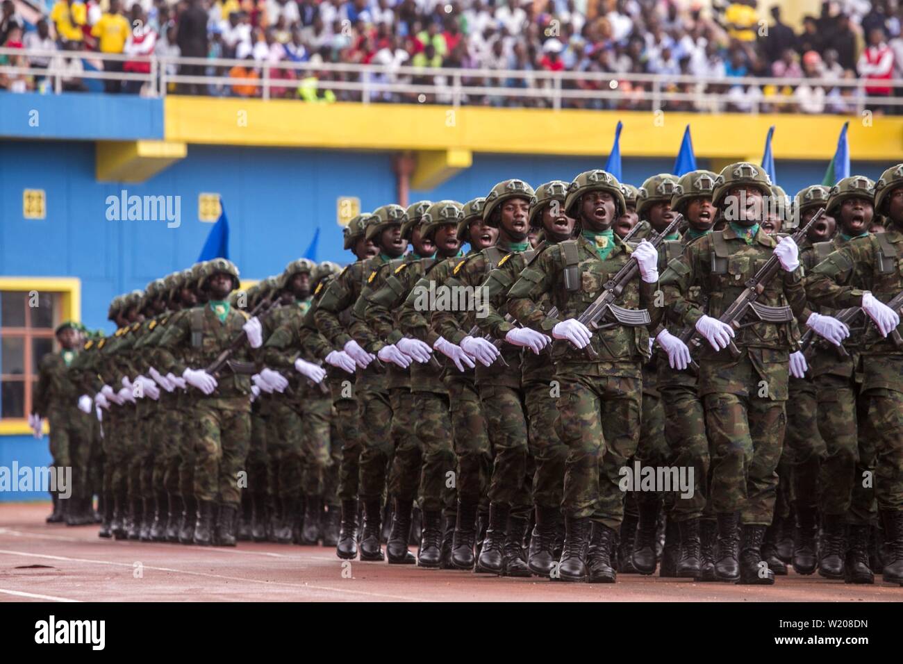Kigali, Rwanda. 4th July, 2019. Rwandan soldiers take part in a parade ...