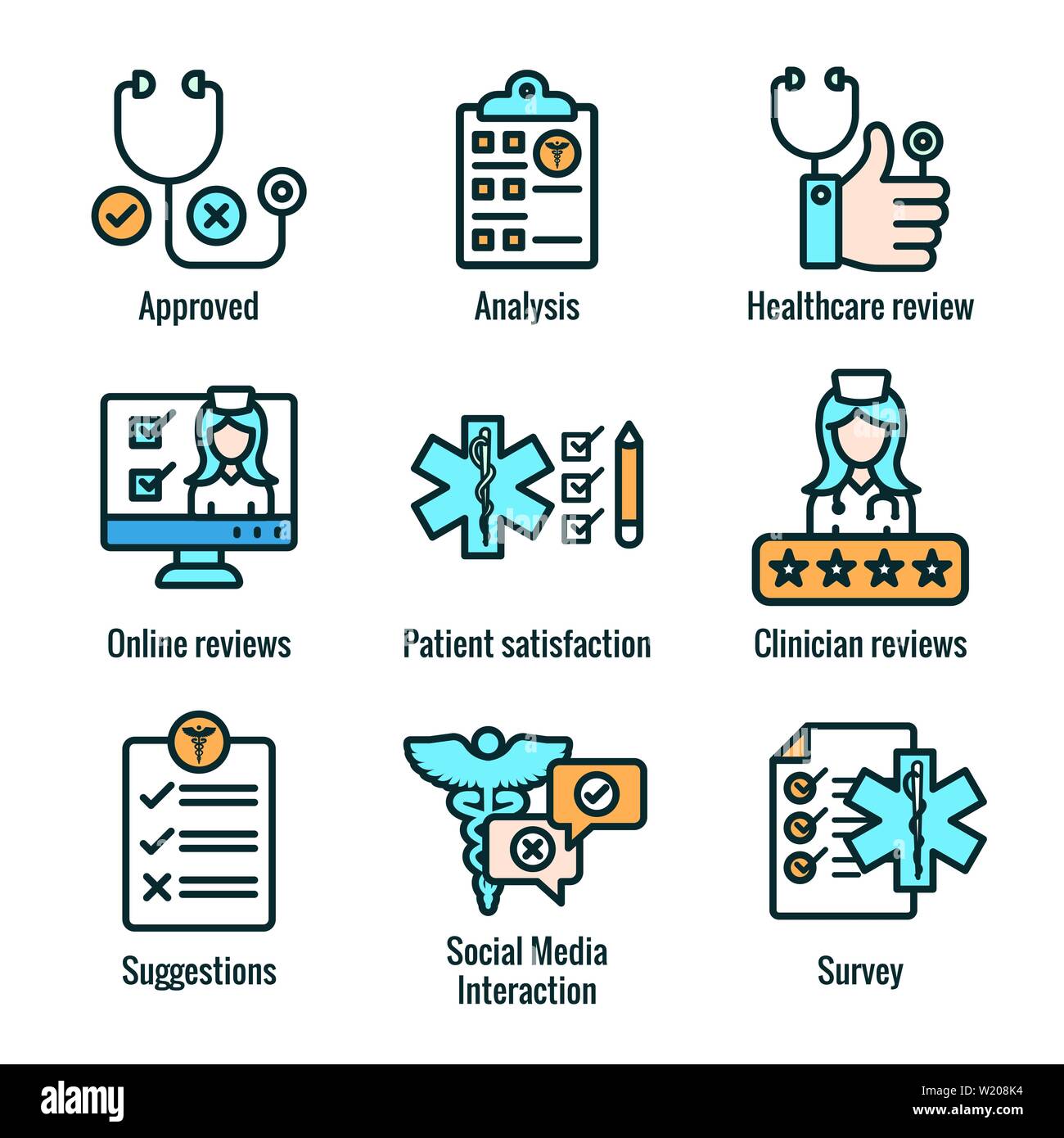 Patient Satisfaction Icon Set w patient experiene, rating, and stars ...