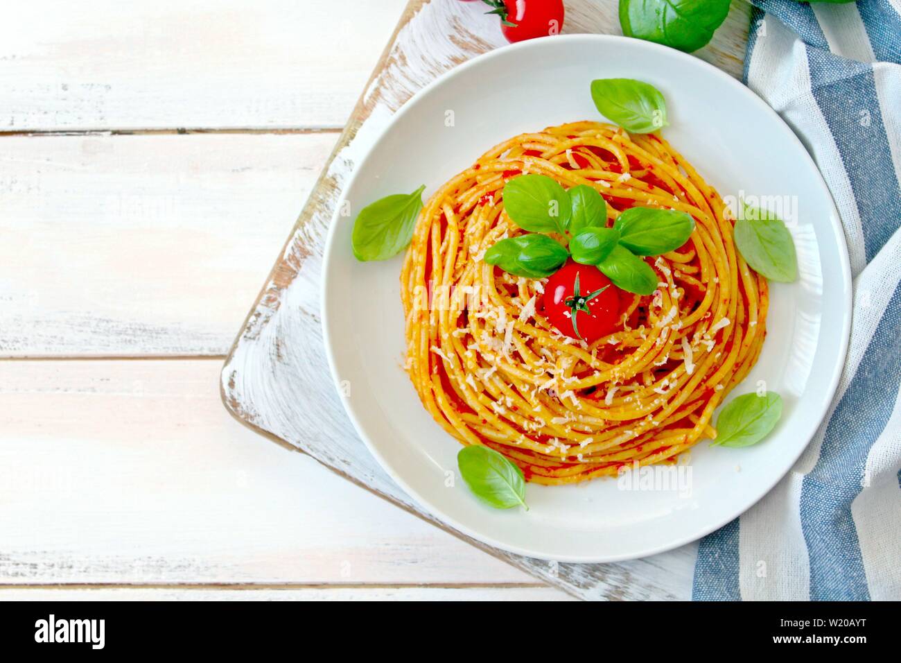 Spaghetti with tomato sauce. Top view with copy space Stock Photo - Alamy