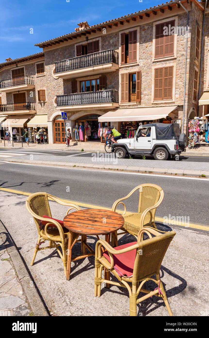 Valldemossa, Mallorca, Spain - May 7, 2019: Tables and chairs in the ...