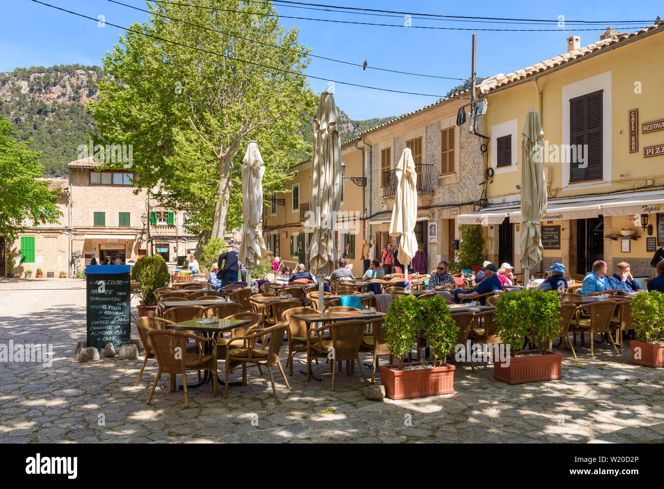Valldemossa, Mallorca, Spain - May 7, 2019: Restaurant on street in the ...