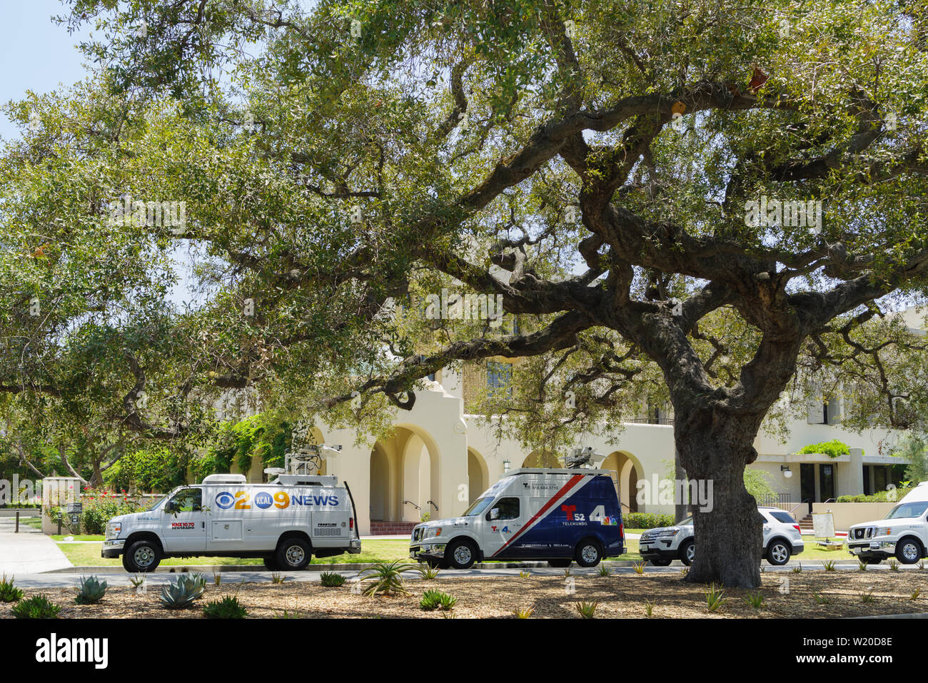 News media vans at the California Institute of Technology Seismological ...