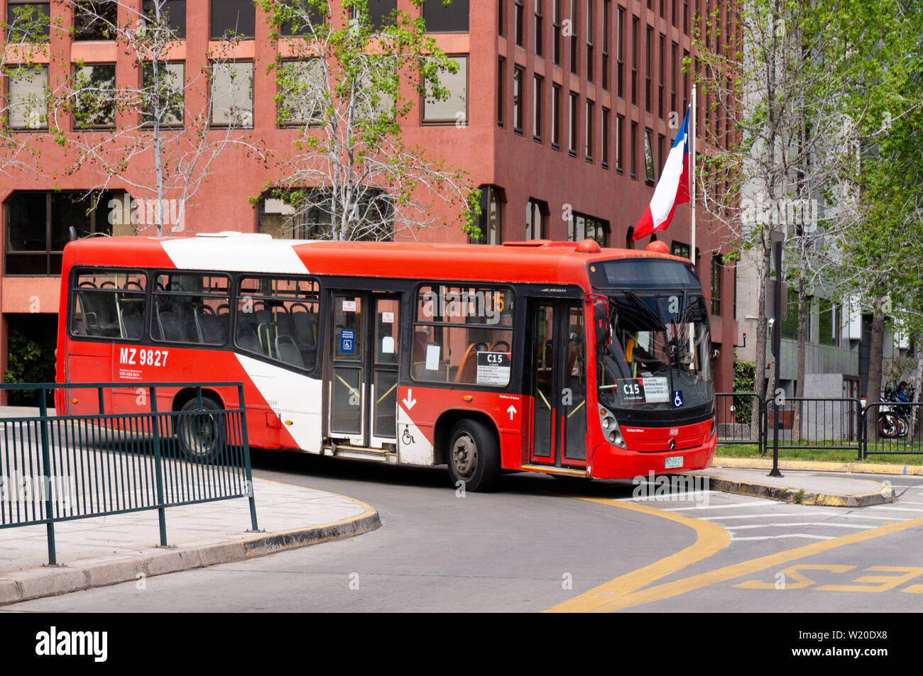 SANTIAGO, CHILE - OCTOBER 2015: A public transport bus near Pedrero ...