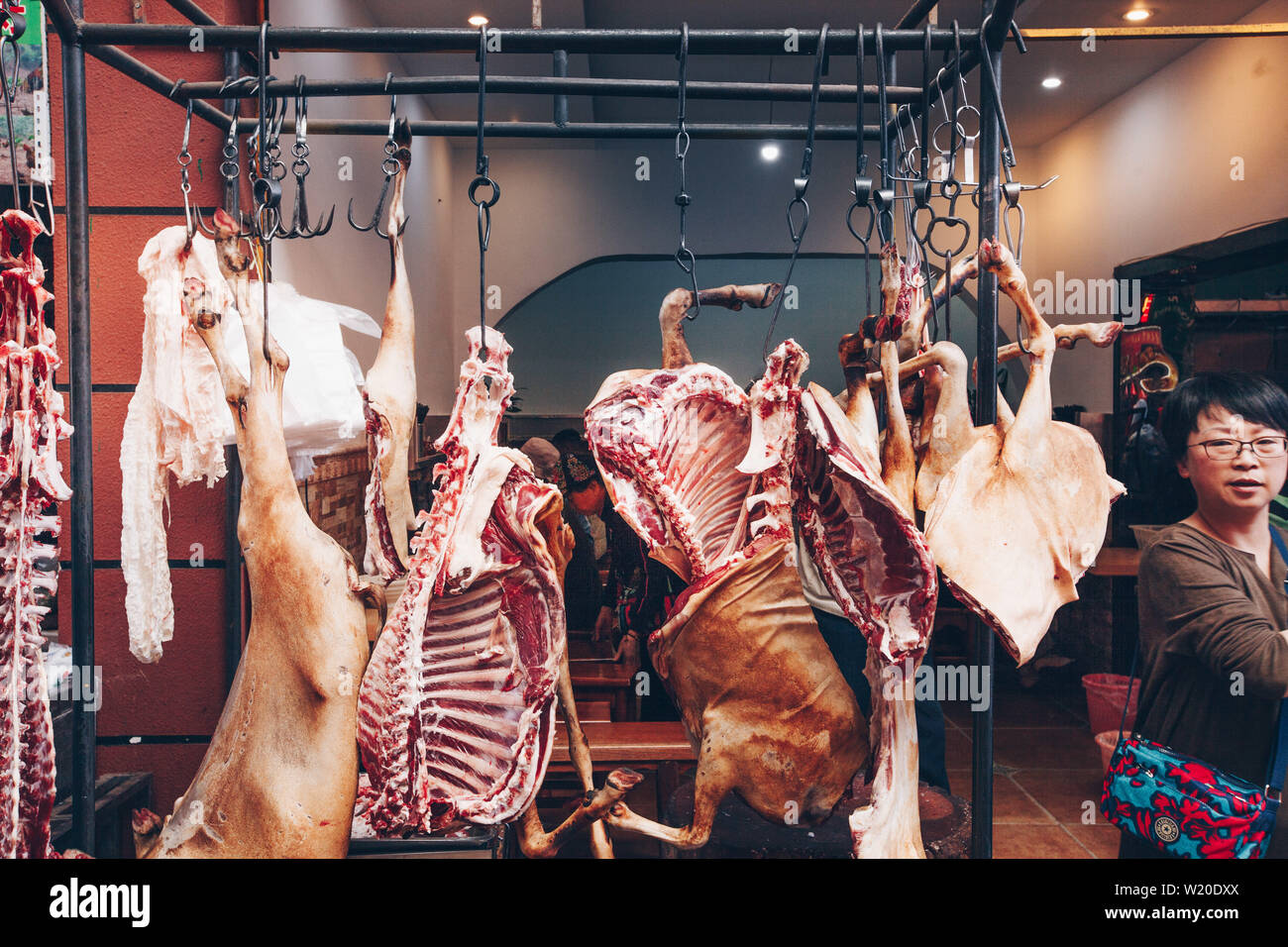 Fresh meat at local Kunming 昆明市 food market, Yunnan province, China ...