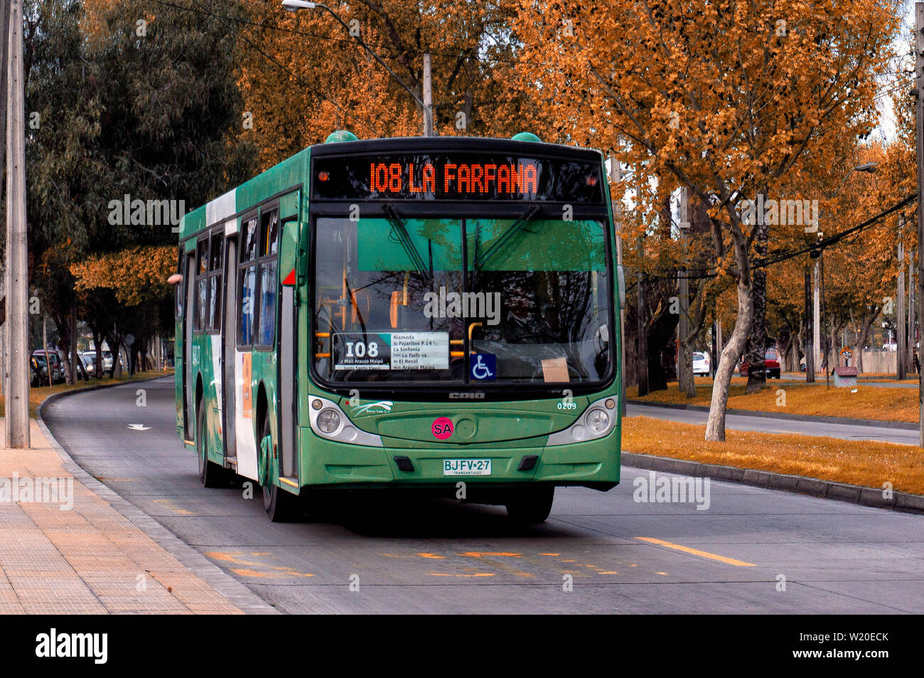 SANTIAGO, CHILE - OCTOBER 2015: A Transantiago bus on a busway in Maipú ...