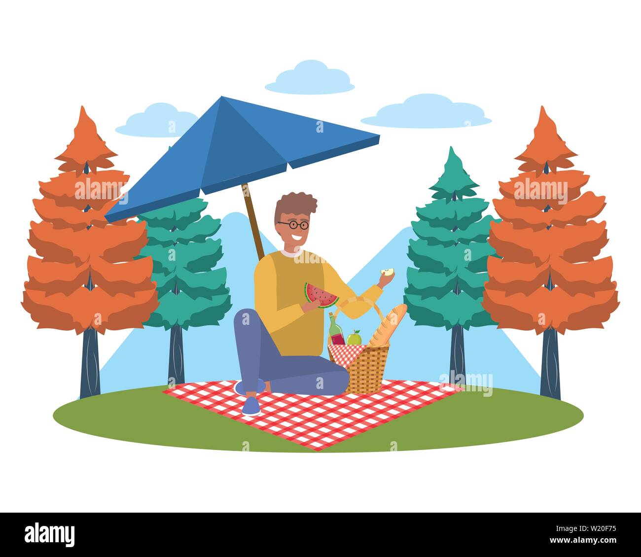 Man cartoon having picnic design, Food summer outdoor leisure healthy ...