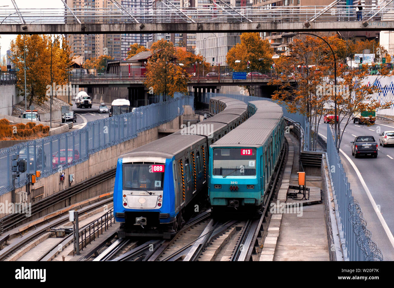 SANTIAGO, CHILE - NOVEMBER 2015: Two Santiago Metro train between Santa ...