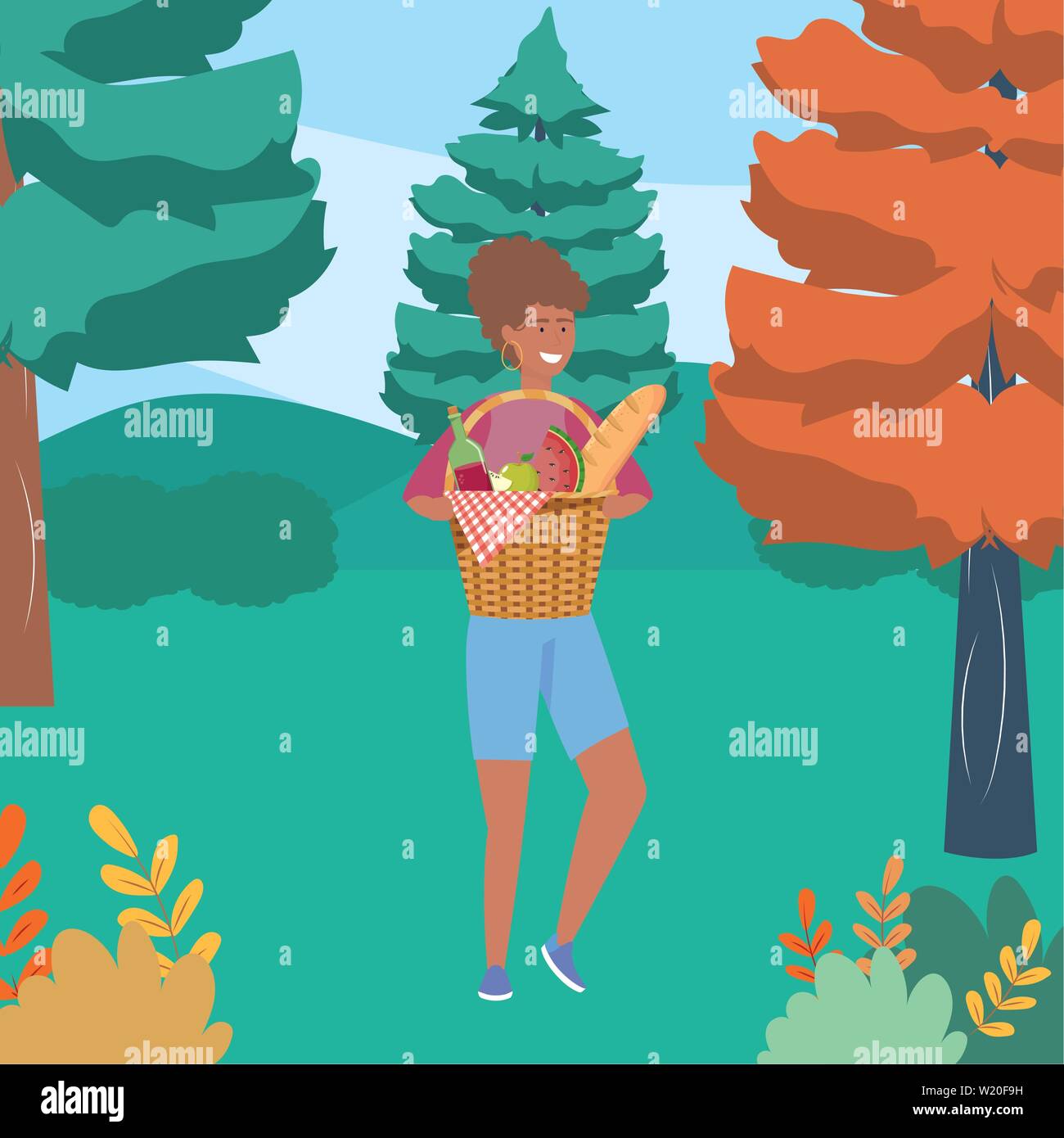 Woman cartoon having picnic design, Food summer outdoor leisure healthy ...