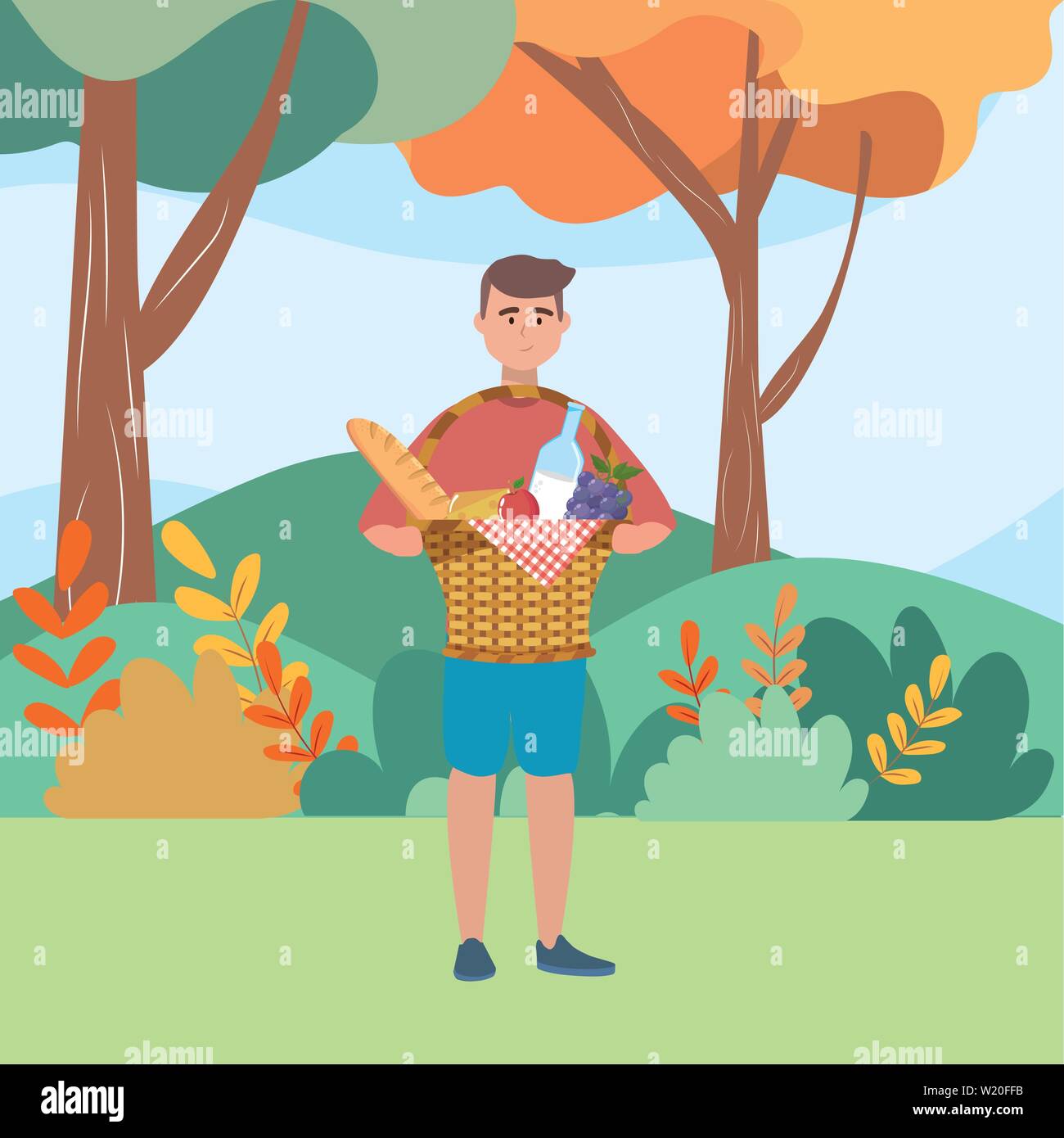 Man cartoon having picnic design, Food summer outdoor leisure healthy ...