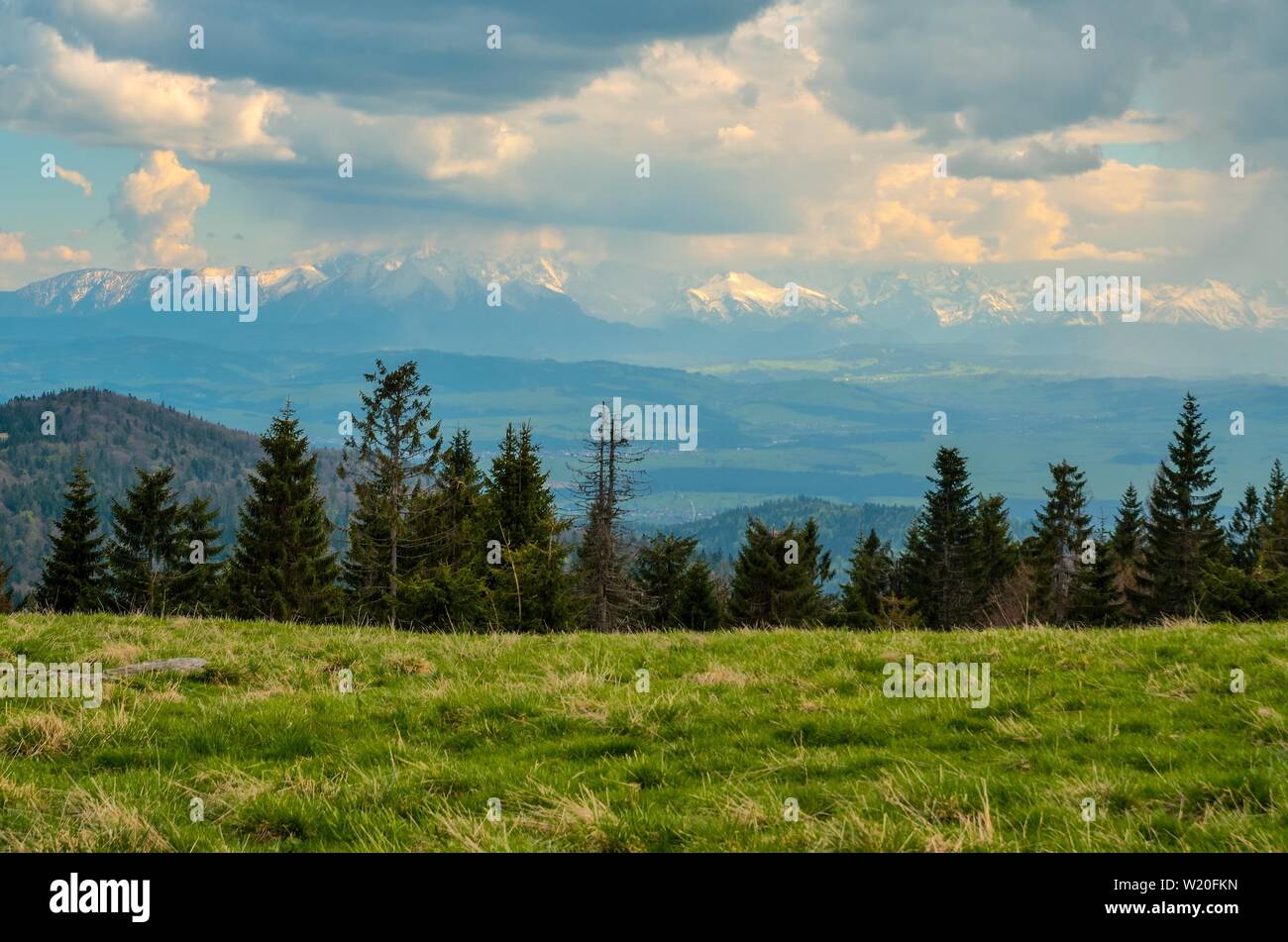 Beautiful mountain spring landscape. Beautiful peaks and charming ...