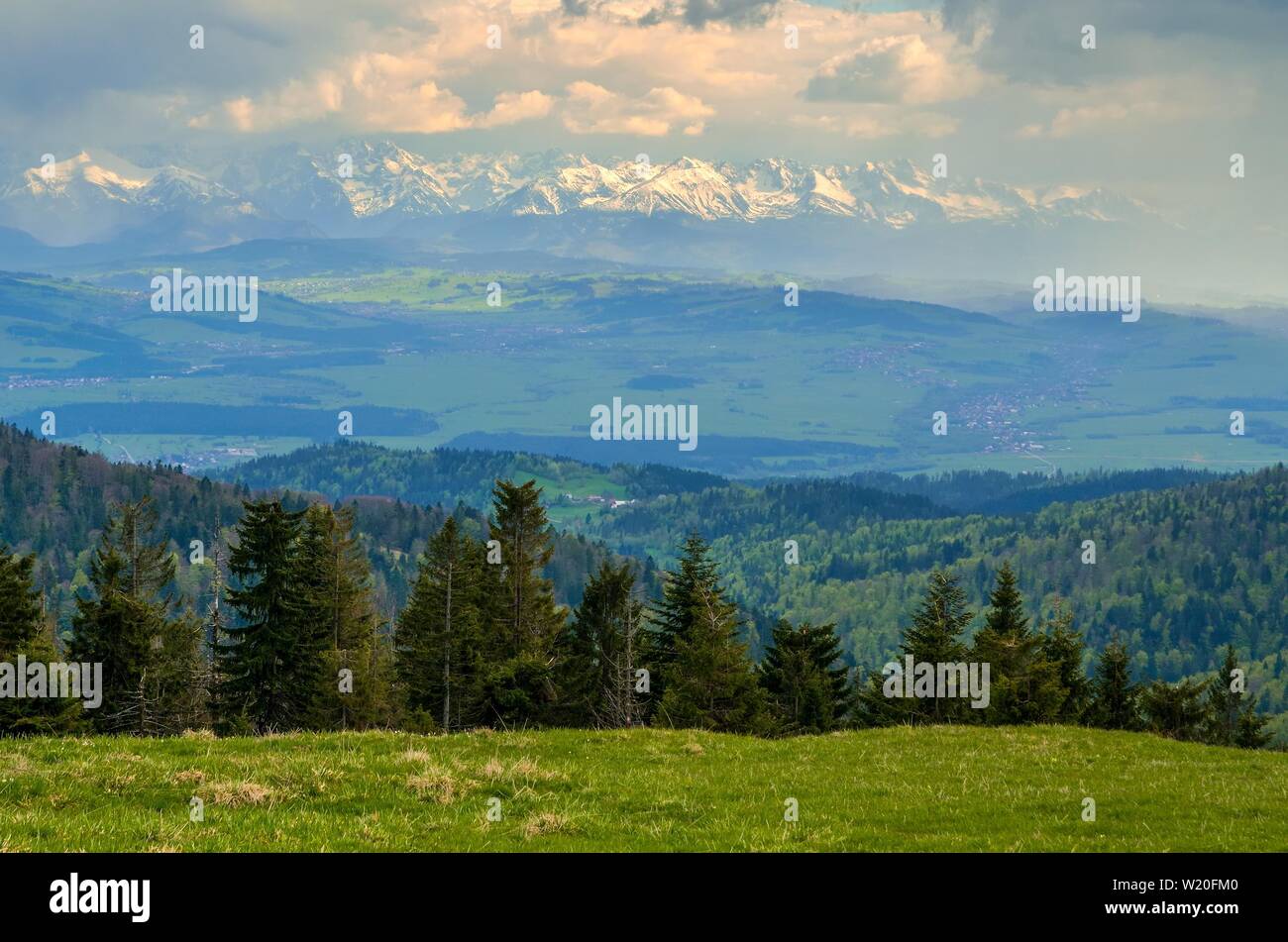 Beautiful mountain spring landscape. Beautiful peaks and charming ...