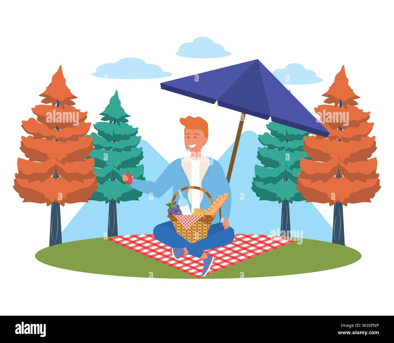 Man cartoon having picnic design, Food summer outdoor leisure healthy ...