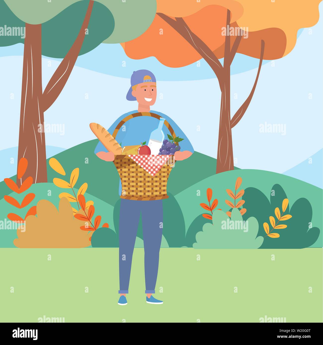 Man cartoon having picnic design, Food summer outdoor leisure healthy ...