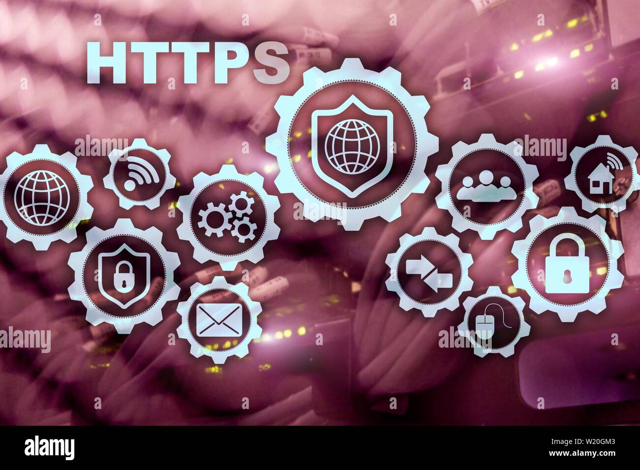 HTTPS. Hypertext Transport Protocol Secure. Technology Concept on Server Room Background ...