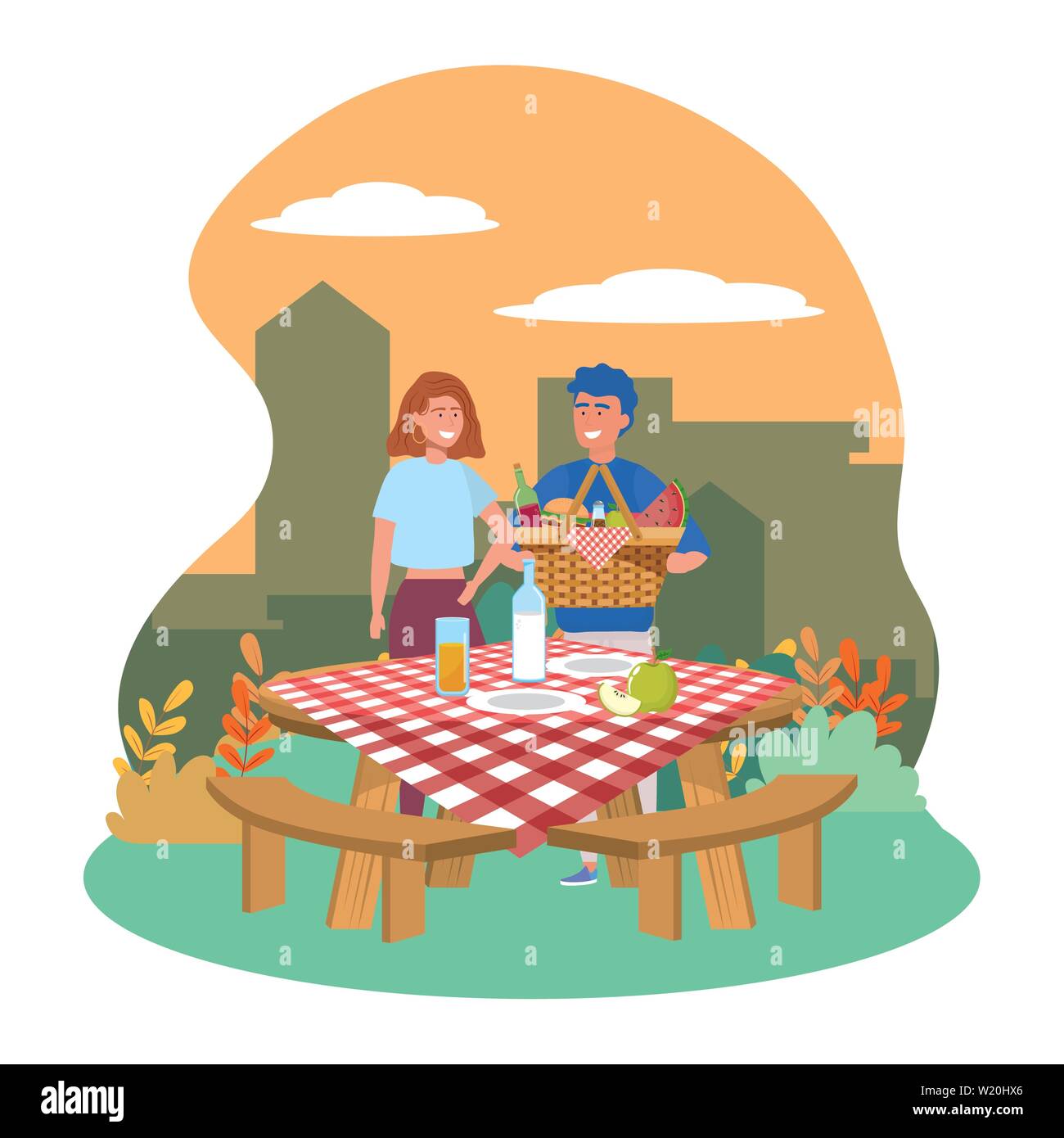 Woman and man cartoon having picnic design, Food summer outdoor leisure ...