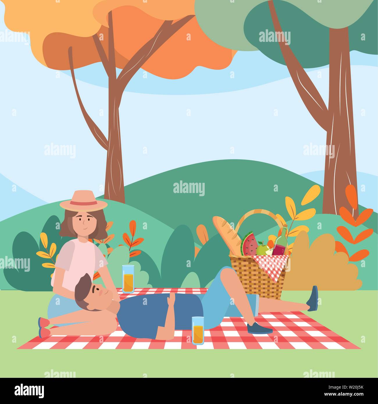 Woman and man cartoon having picnic design, Food summer outdoor leisure ...