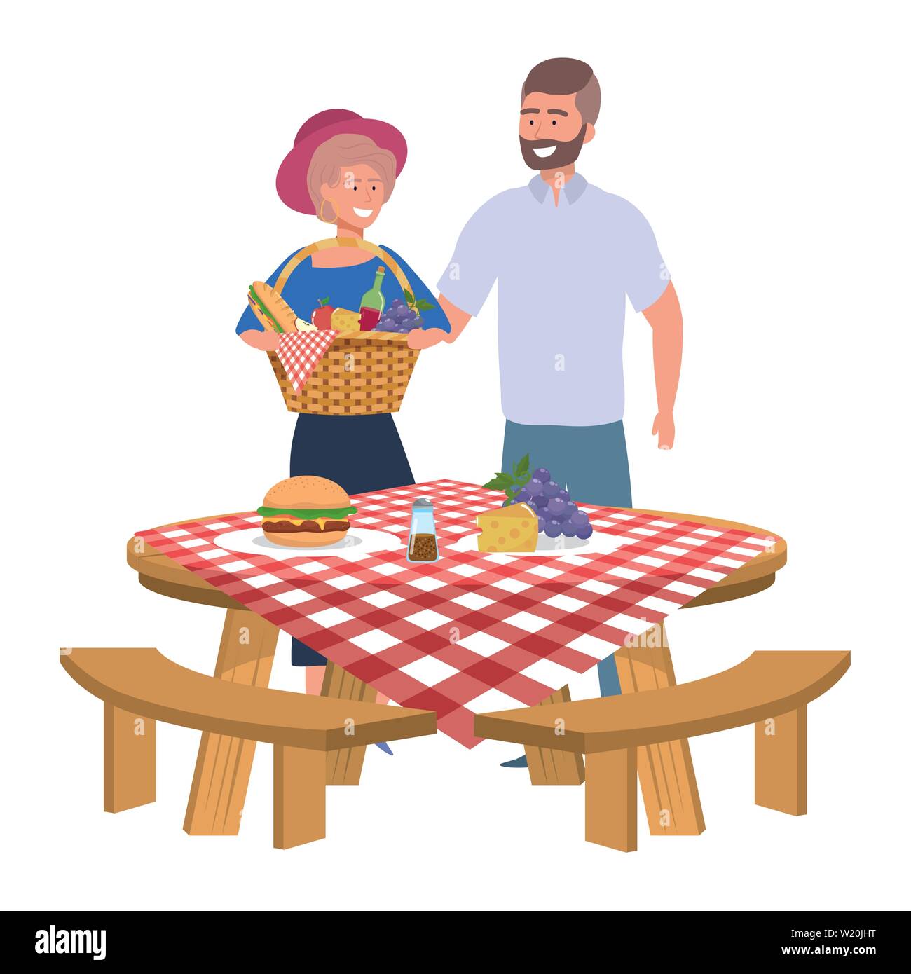 Woman and man cartoon having picnic design, Food summer outdoor leisure ...
