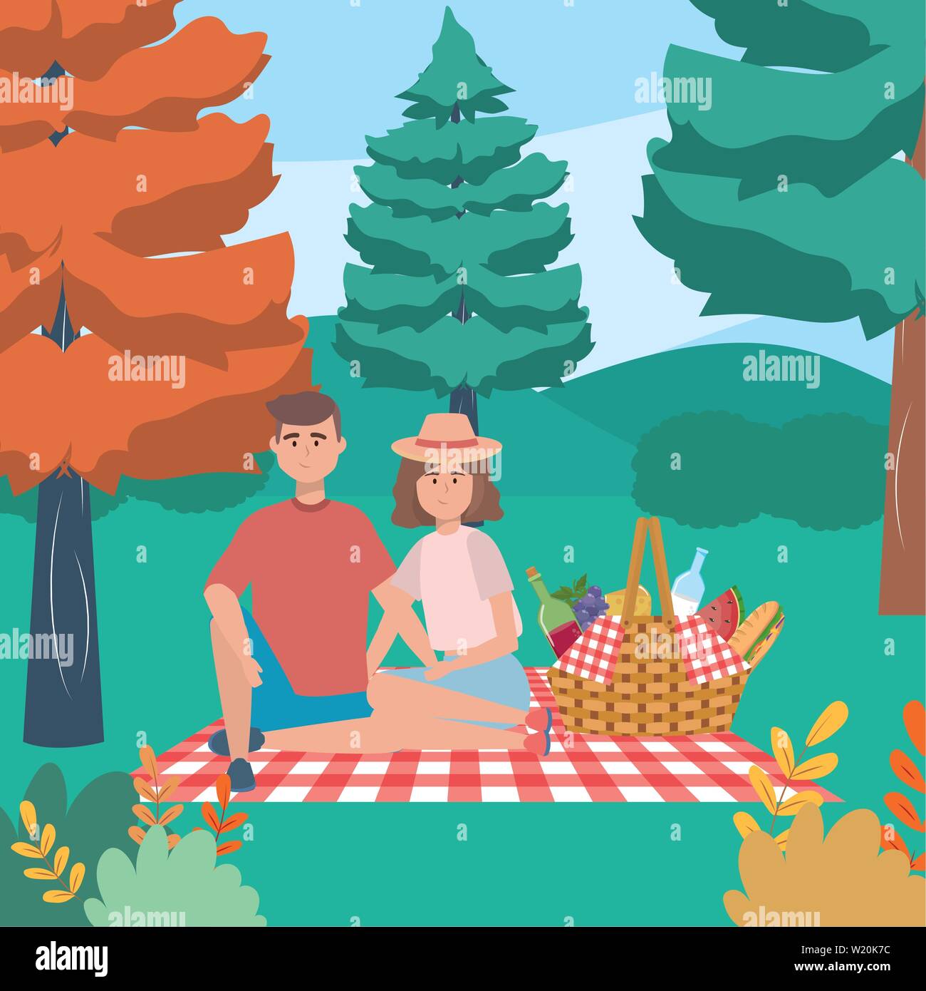 Woman and man cartoon having picnic design, Food summer outdoor leisure ...