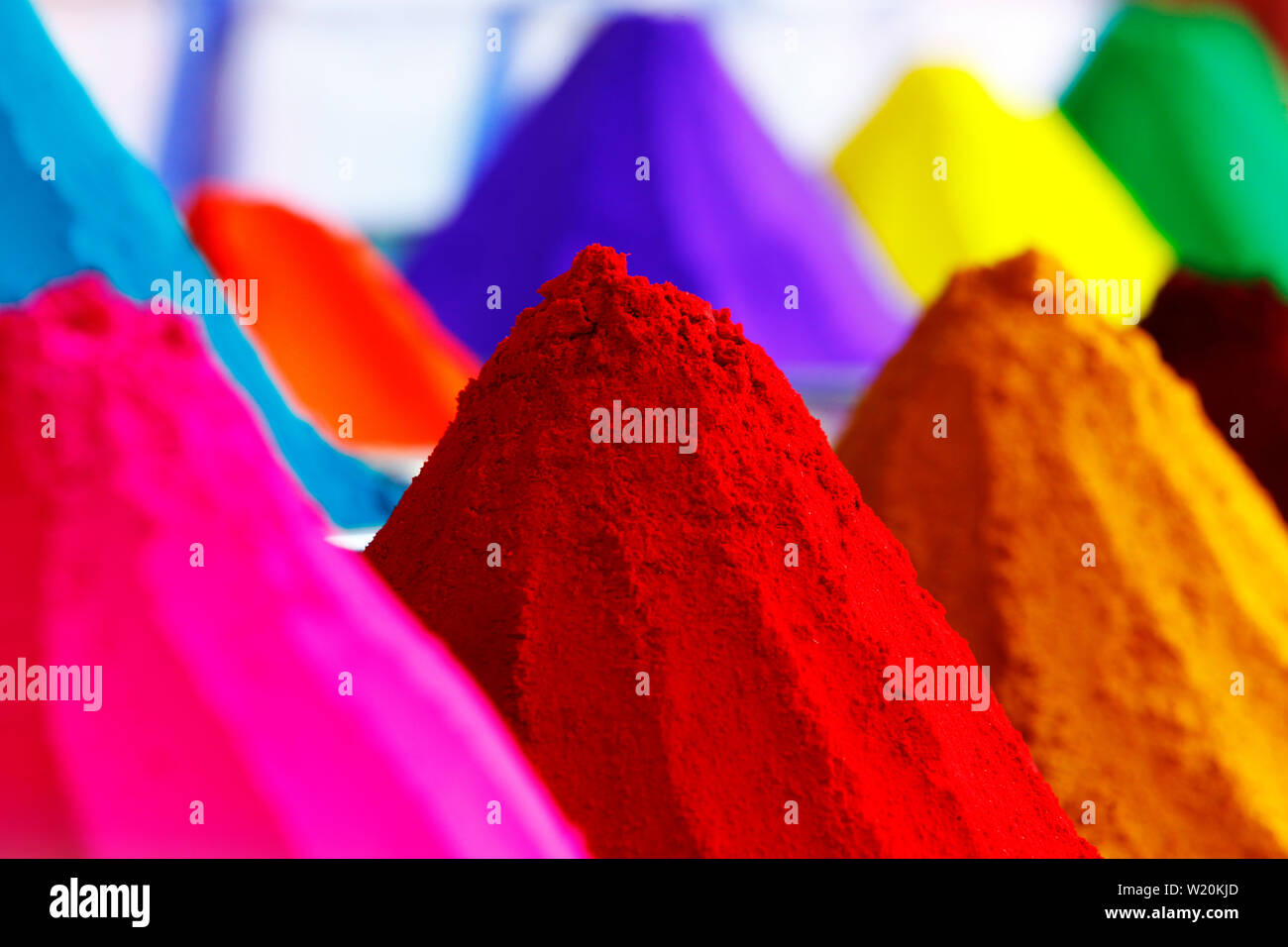 Powdered dyes in various colors displayed for sale at the Devaraja ...