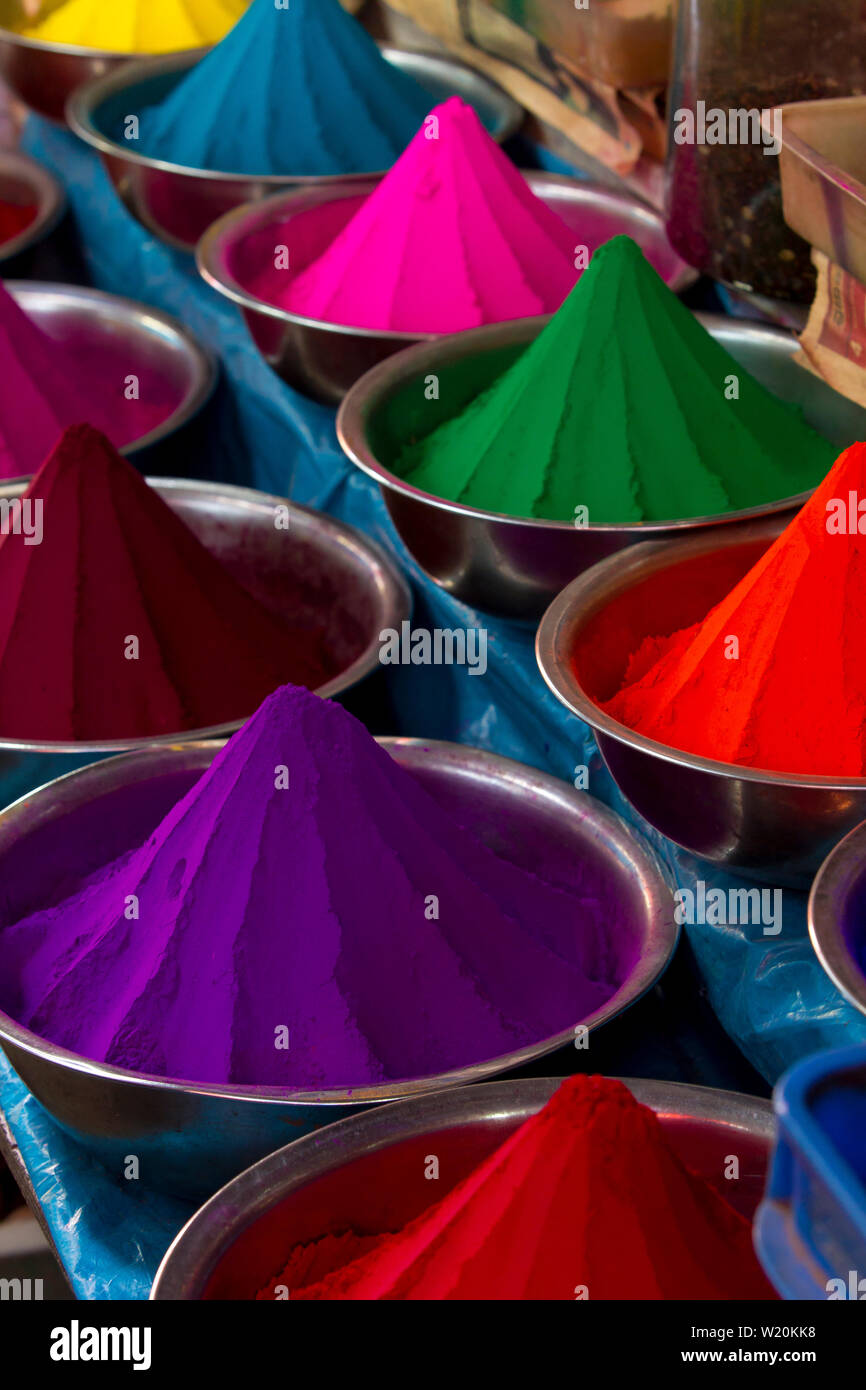 Powdered dyes in various colors displayed for sale at the Devaraja ...